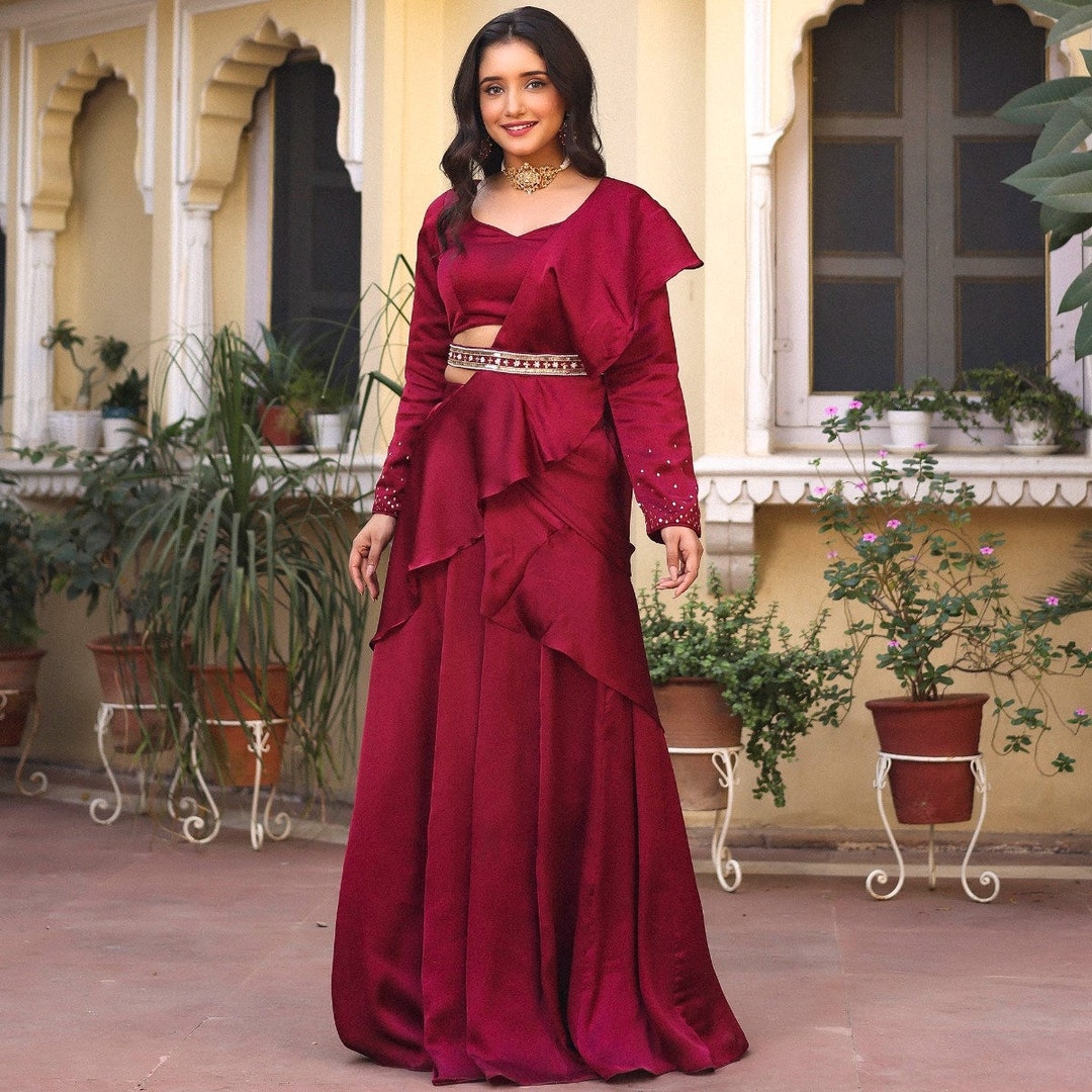 Wine Ruffle Lehenga Saree: Pre-stitched Indo Western Outfit - Etsy