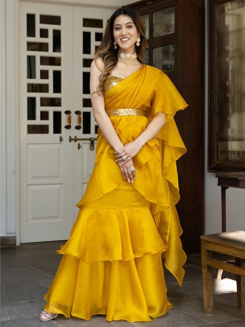 1 Min Saree Hot Pink Yellow Haldi Ruffle Sareewedding Etsy