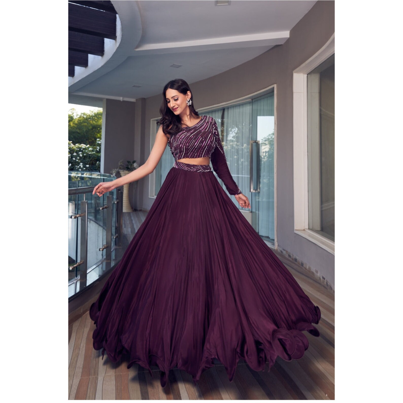 A Wine One Shoulder Handwork Lehenga Set Sounds Like A Stylish and ...