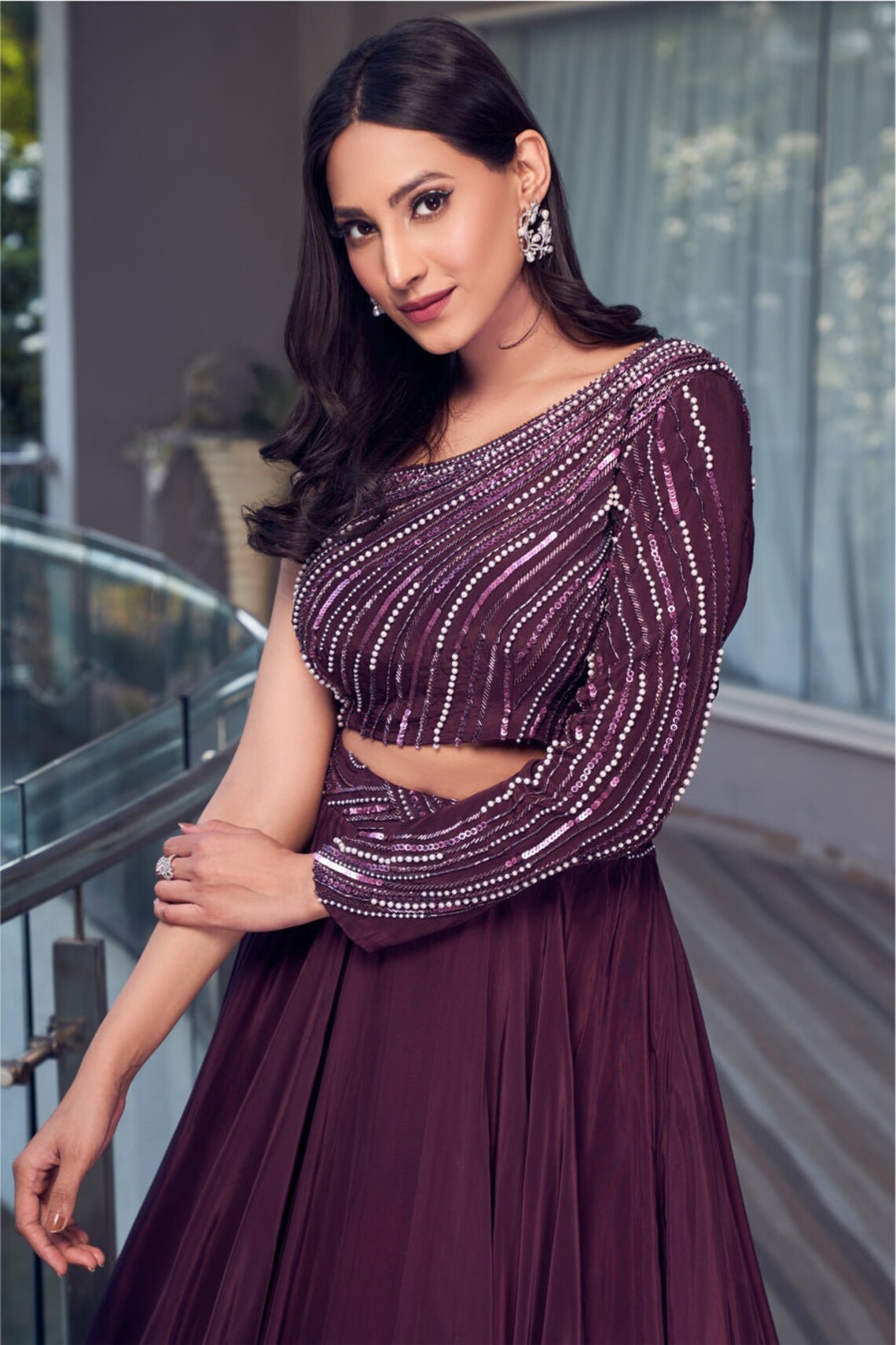 A Wine One Shoulder Handwork Lehenga Set Sounds Like A Stylish and ...