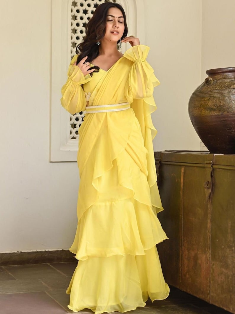 1 Min Saree Hot Pink Yellow Haldi Ruffle Sareewedding - Etsy