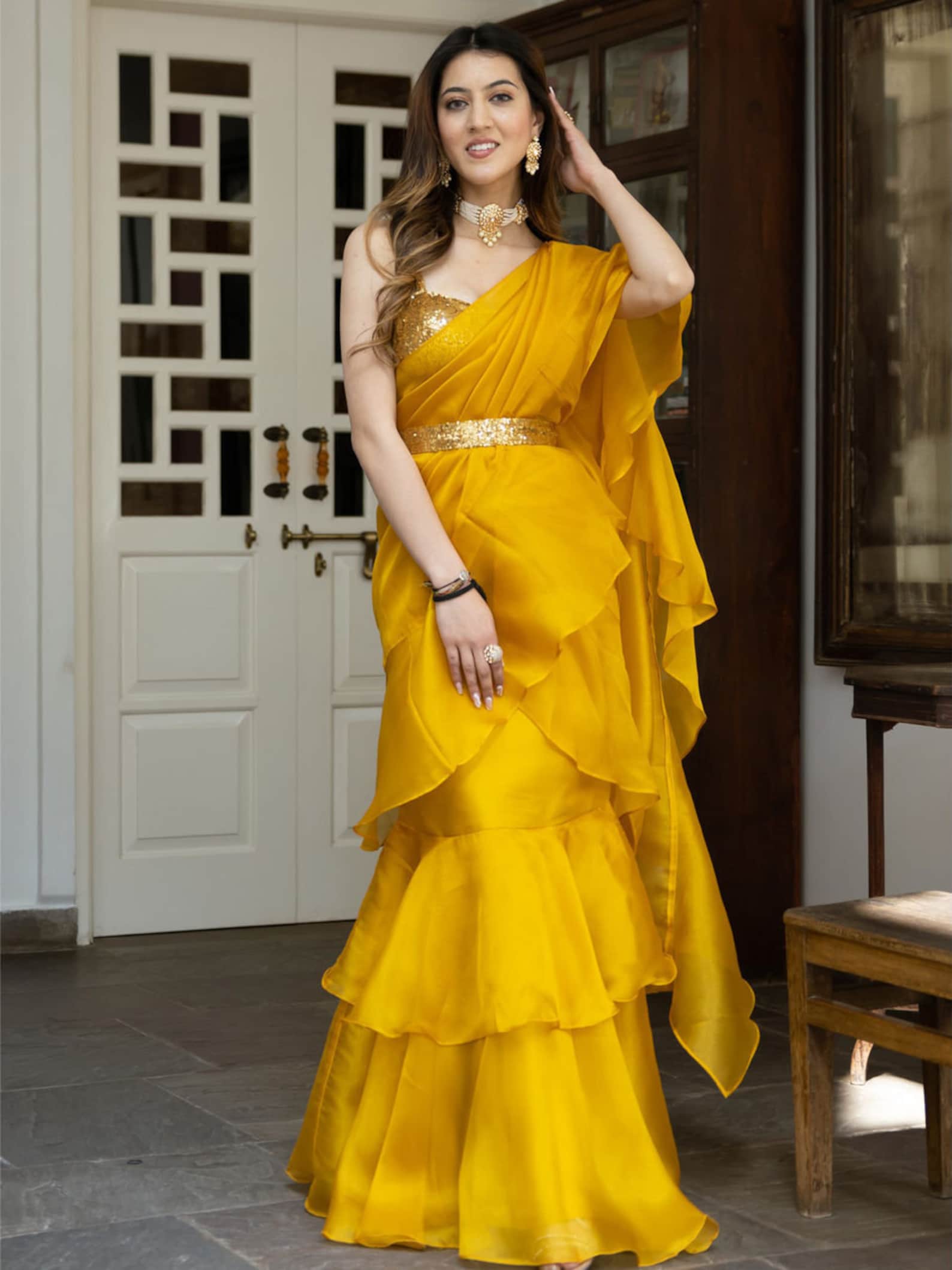 Yellow Haldi Hot Pink Ruffle Lehenga Sareeindian Wedding - Etsy