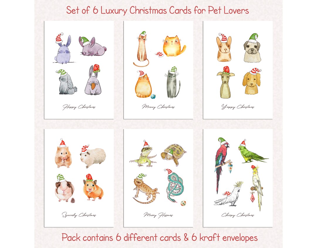 Set of 6 Cute Christmas Cards for Pet Lovers Dogs Cats - Etsy