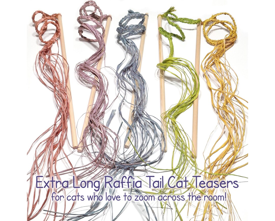 Colourful Long Raffia Tail Teaser Sticks Wands Cat Toys - Eco Friendly ...
