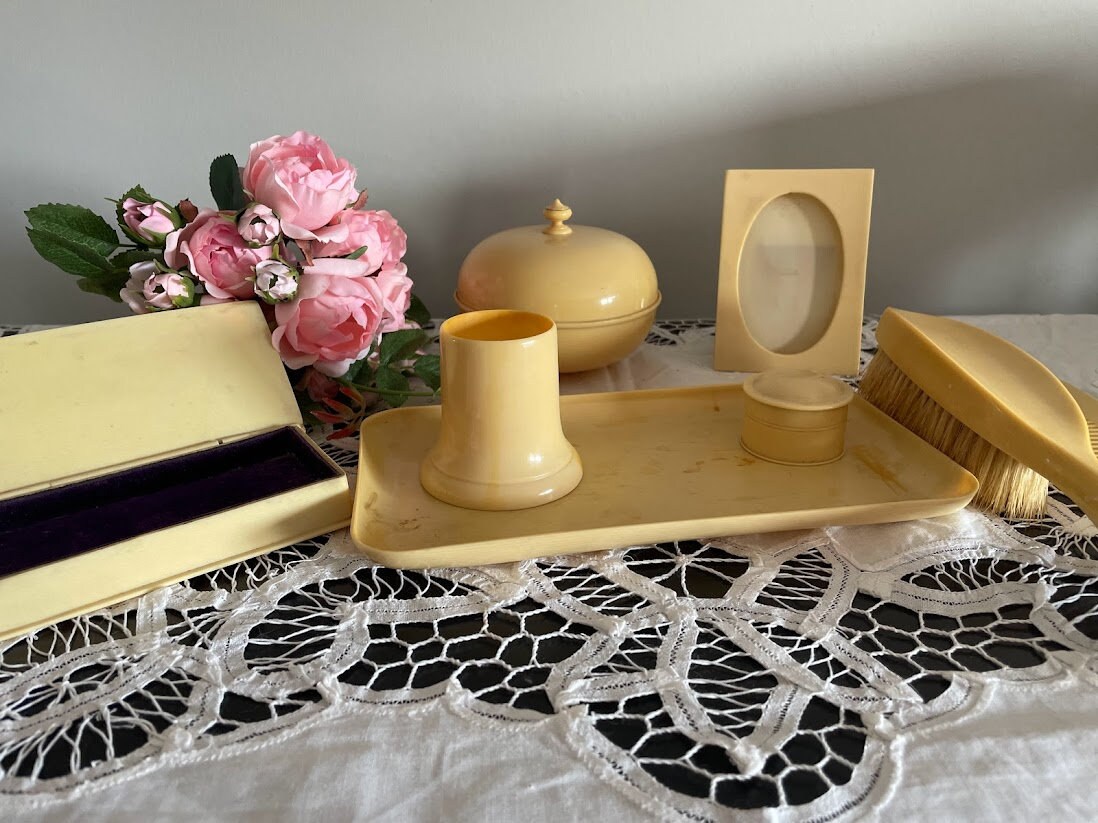 Vintage French Ivory Dresser Set, 1930s Vanity Decor, 8 Piece Celluloid ...
