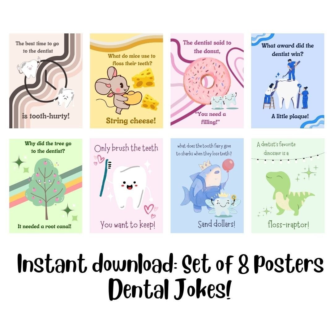Dental Hygiene Puns set of 8 Colorful Printable Posters Dentistry Decor ...