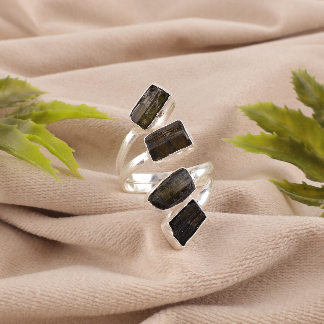 Raw Green Tourmaline Ring, Four Stone Ring, 925 Sterling Silver, Unique ...