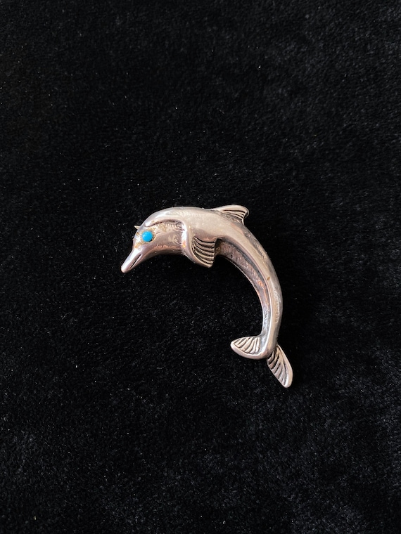 Early Vintage Silver Dolphin with Turquoise Eye Brooc… - Gem