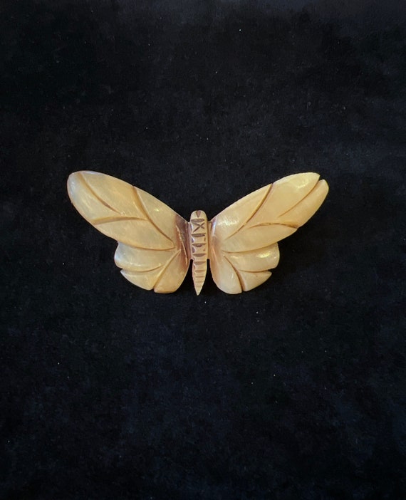 Antique French Carved Horn Butterfly Moth Brooch Pin - Gem