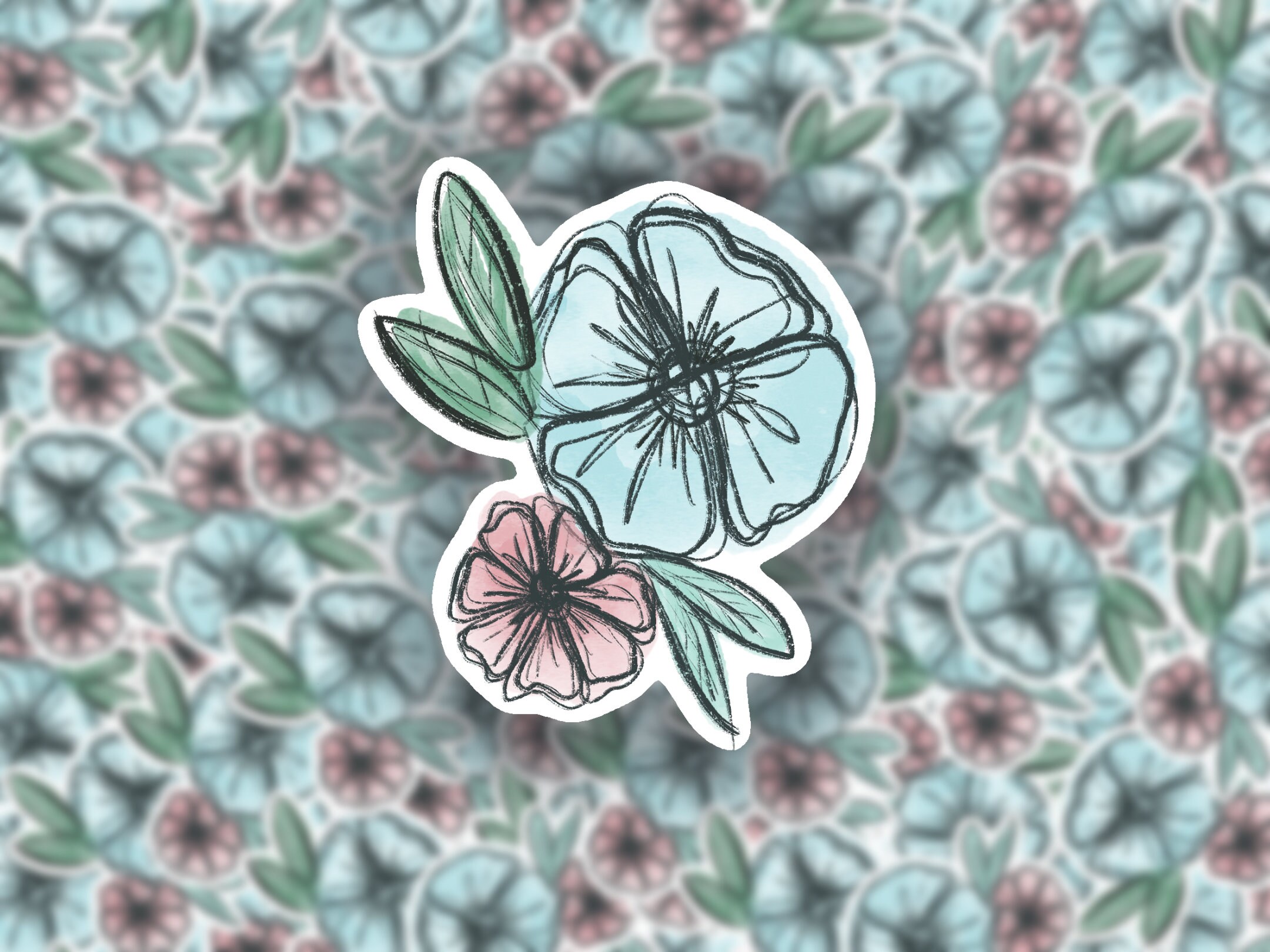 Blue and Pink Flower Sketch Sticker | Vinyl Sticker | Laptop Sticker ...