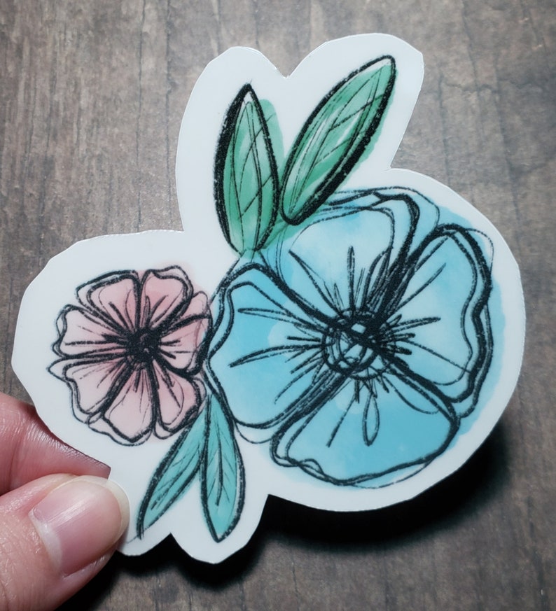 Blue and Pink Flower Sketch Sticker | Vinyl Sticker | Laptop Sticker ...