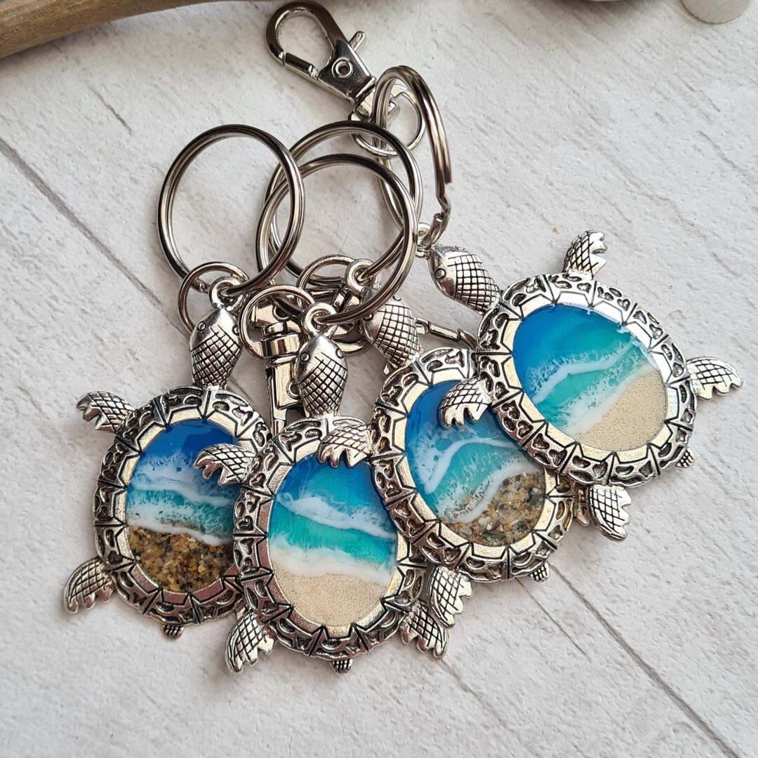 Unique Turtle Keyrings With Real Sand Beach, Handcrafted Waves, Resin ...