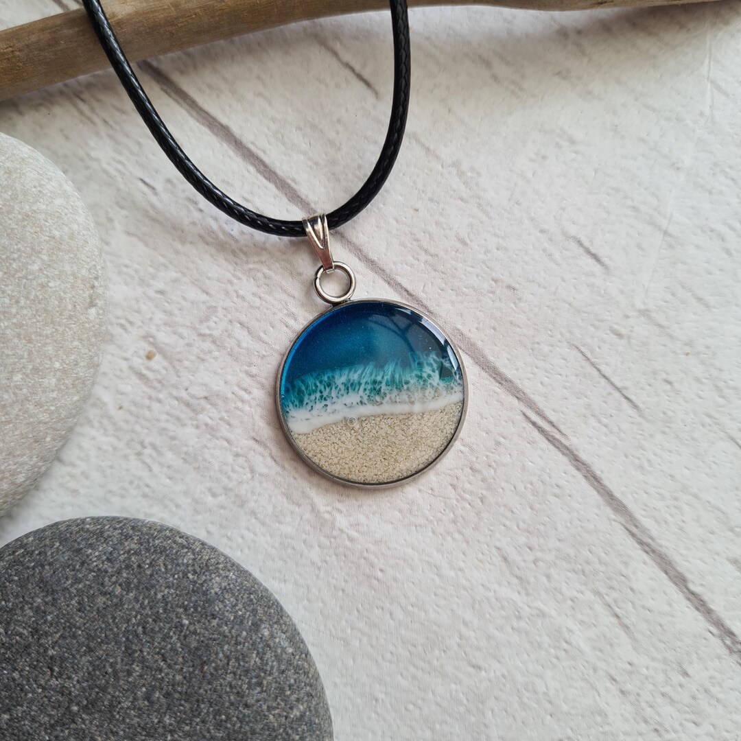 Ocean Wave Pendant Cord Necklace, Beach Jewellery, Resin Ocean Wave Art ...