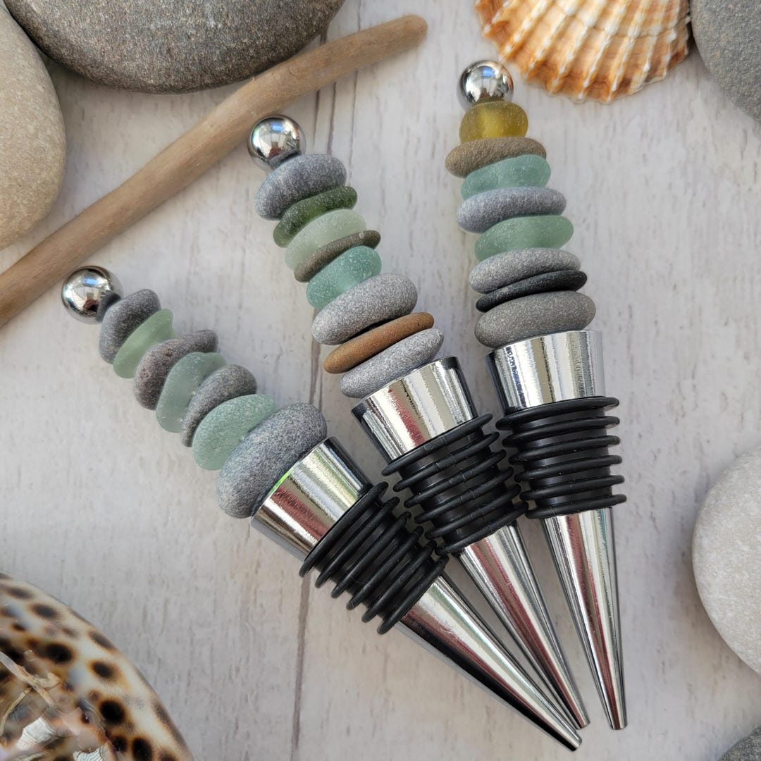 Handcrafted Seaglass & Pebble Wine Bottle Stoppers Beach-inspired ...