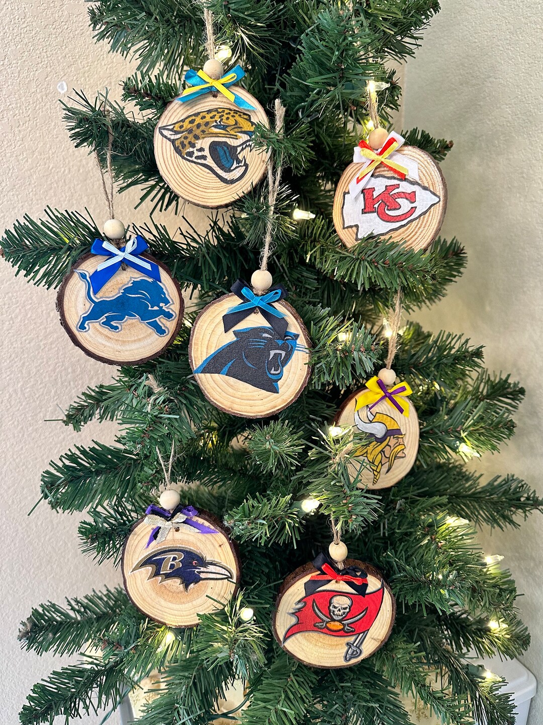 Football Inspired Handmade Decoupage Wood Slice Christmas Ornaments ...
