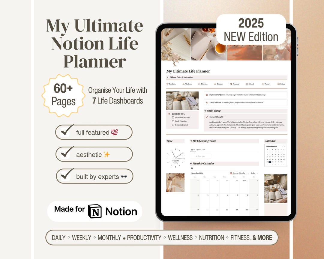Ultimate Notion Life Planner 2025, Notion All-in-one Dashboard, Aesthetic Notion Planner, Adhd ...