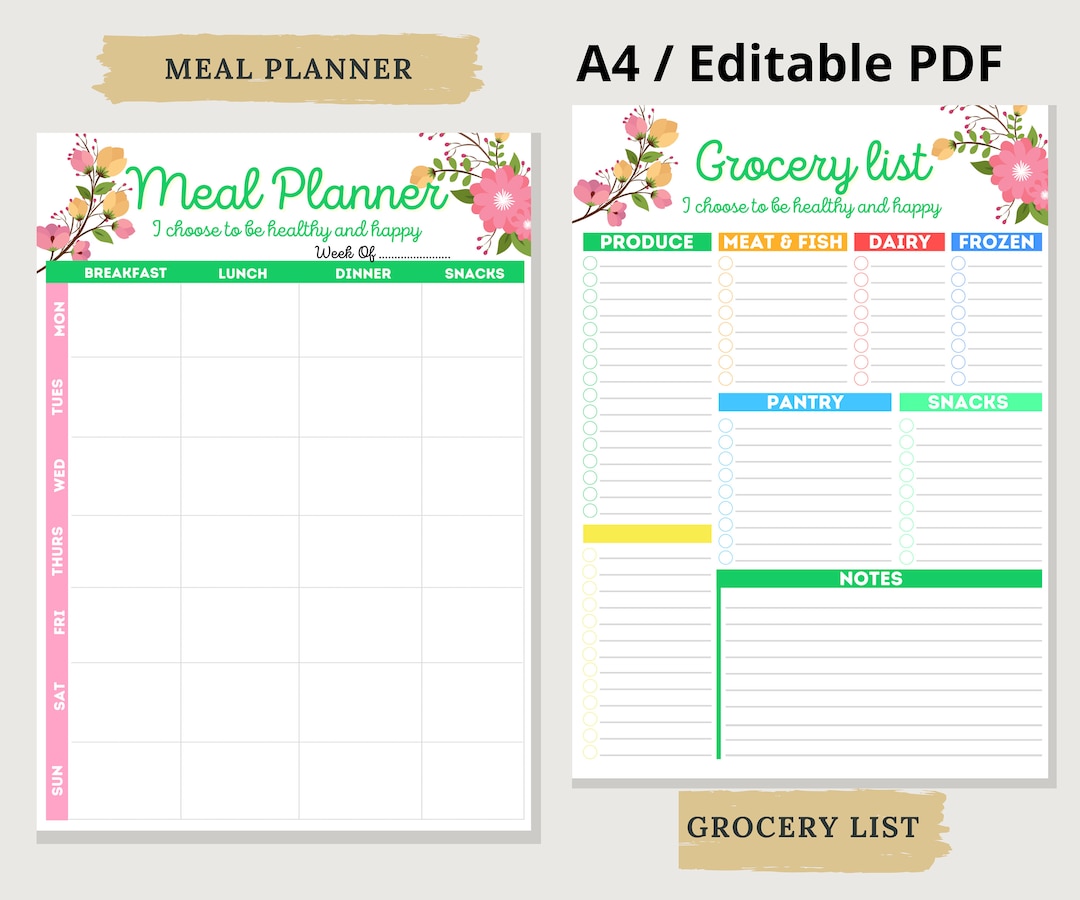 Meal Planner Printable With Grocery List Printable, Editable PDF ...