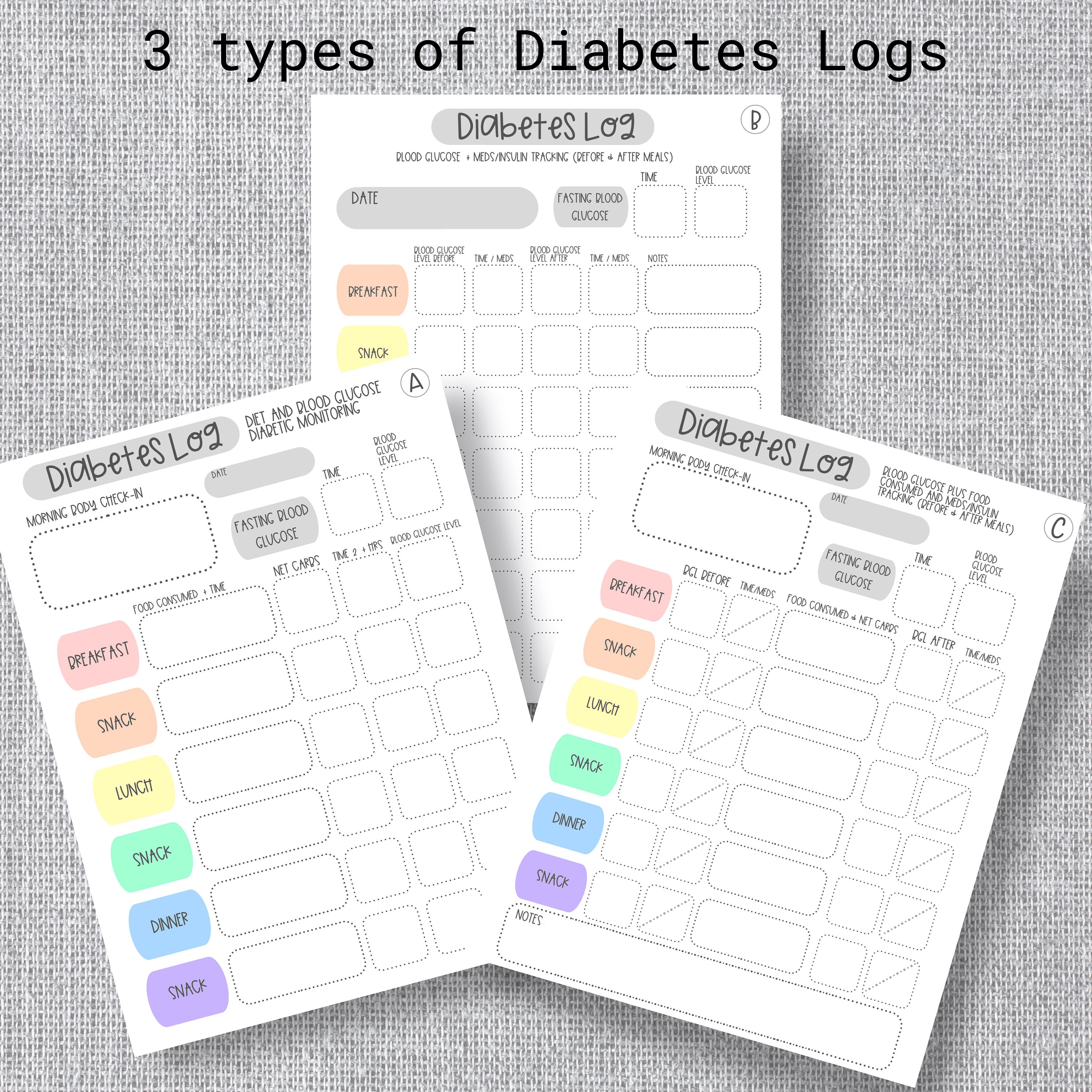 PRINTABLE BLOOD SUGAR Tracking Sheets | Type 1 or 2 Diabetes, Meal ...