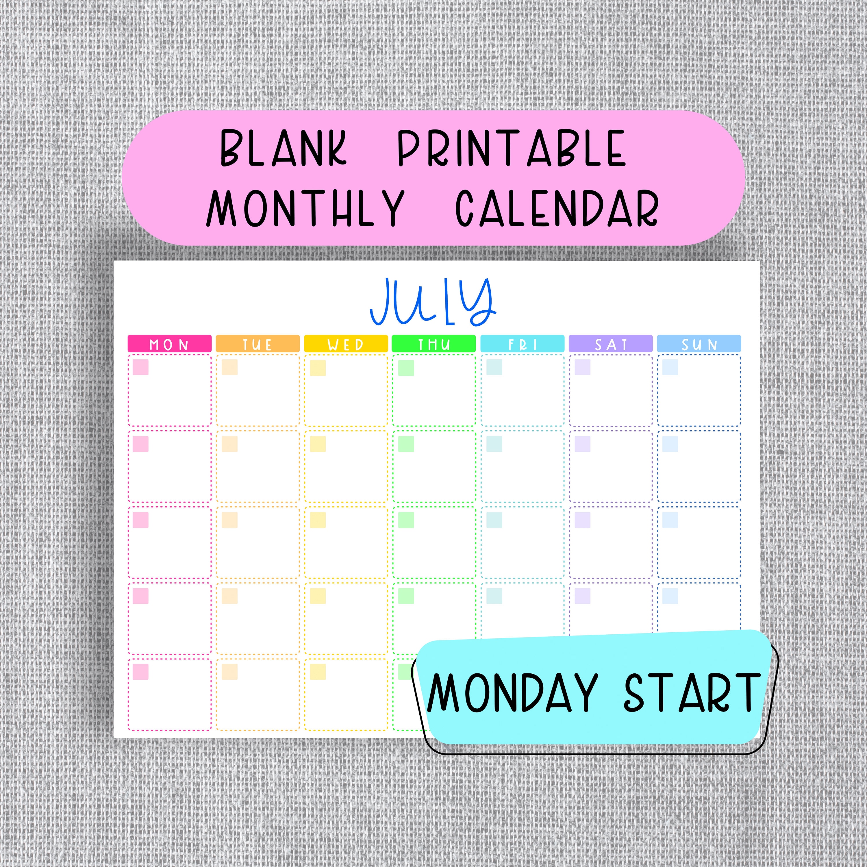 Rainbow Colored Blank Monthly Printable Calendar Organize Your Year ...