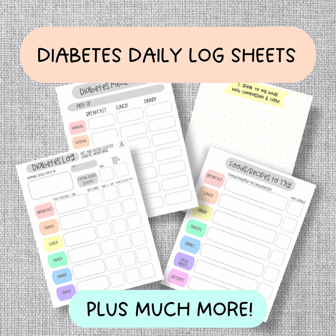 PRINTABLE BLOOD SUGAR Tracking Sheets | Type 1 or 2 Diabetes, Meal ...