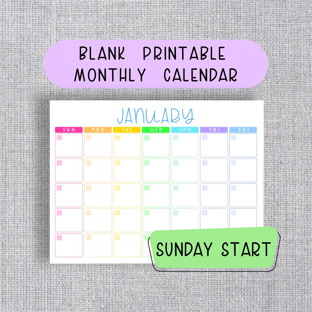 Blank Monthly Calendar: Rainbow Printable Planner (sunday Start ...