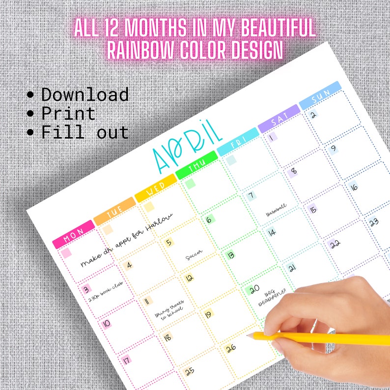 Blank Monthly Calendar: Rainbow Printable Planner (sunday Start ...