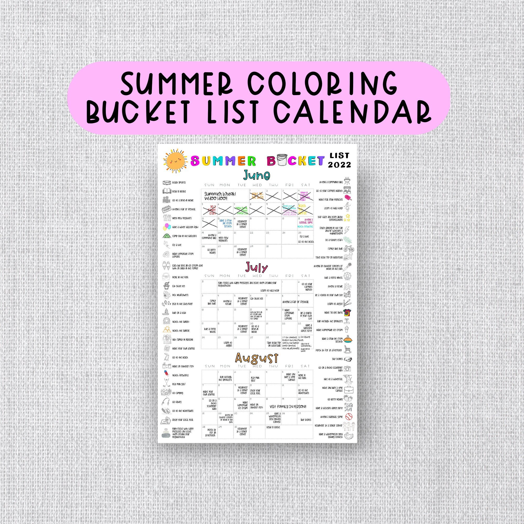 Vibrant Summer Coloring Bucket List Calendar - Fun and Relaxing ...