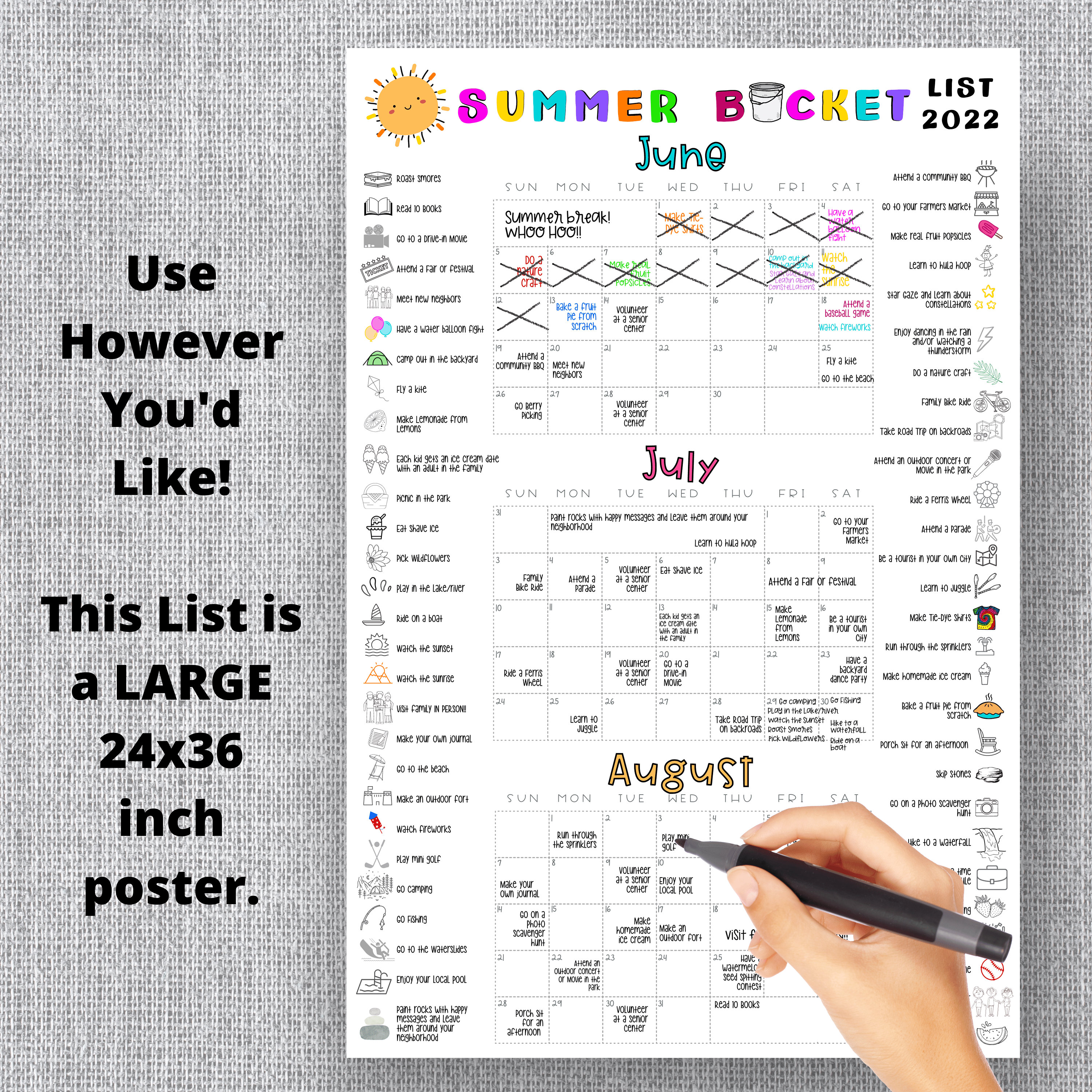 Vibrant Summer Coloring Bucket List Calendar - Fun and Relaxing ...