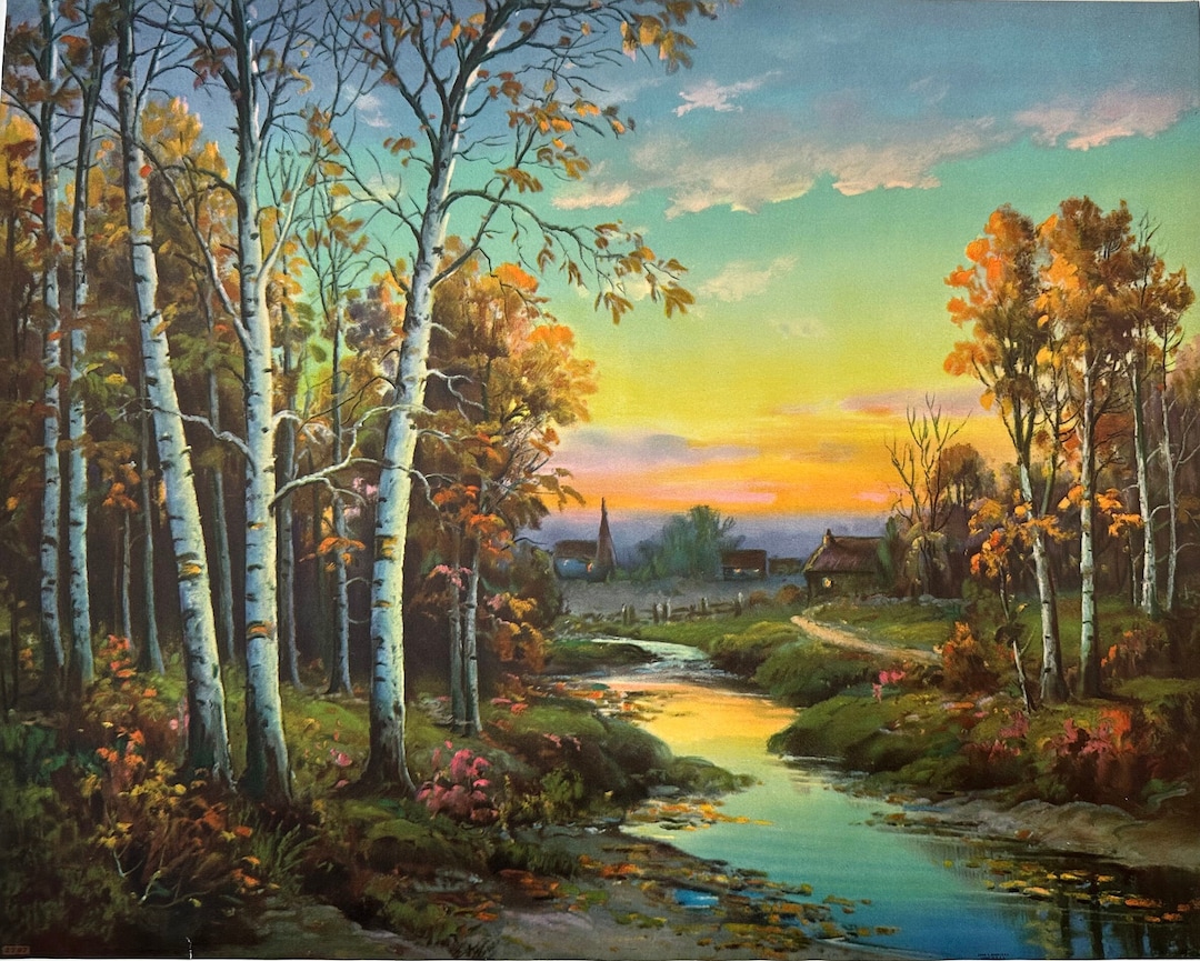 Vintage 16x20 Autumn Landscape Art Print, Sunset River Scene - Etsy