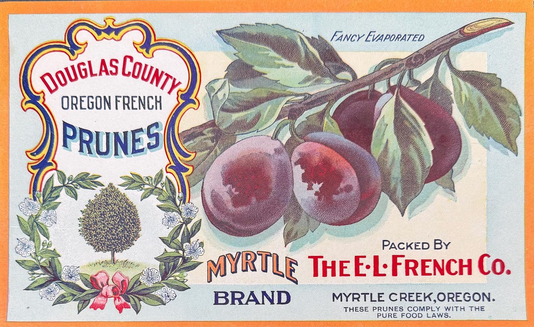 Original Vintage 1910s Douglas County Oregon French Prunes Label ...