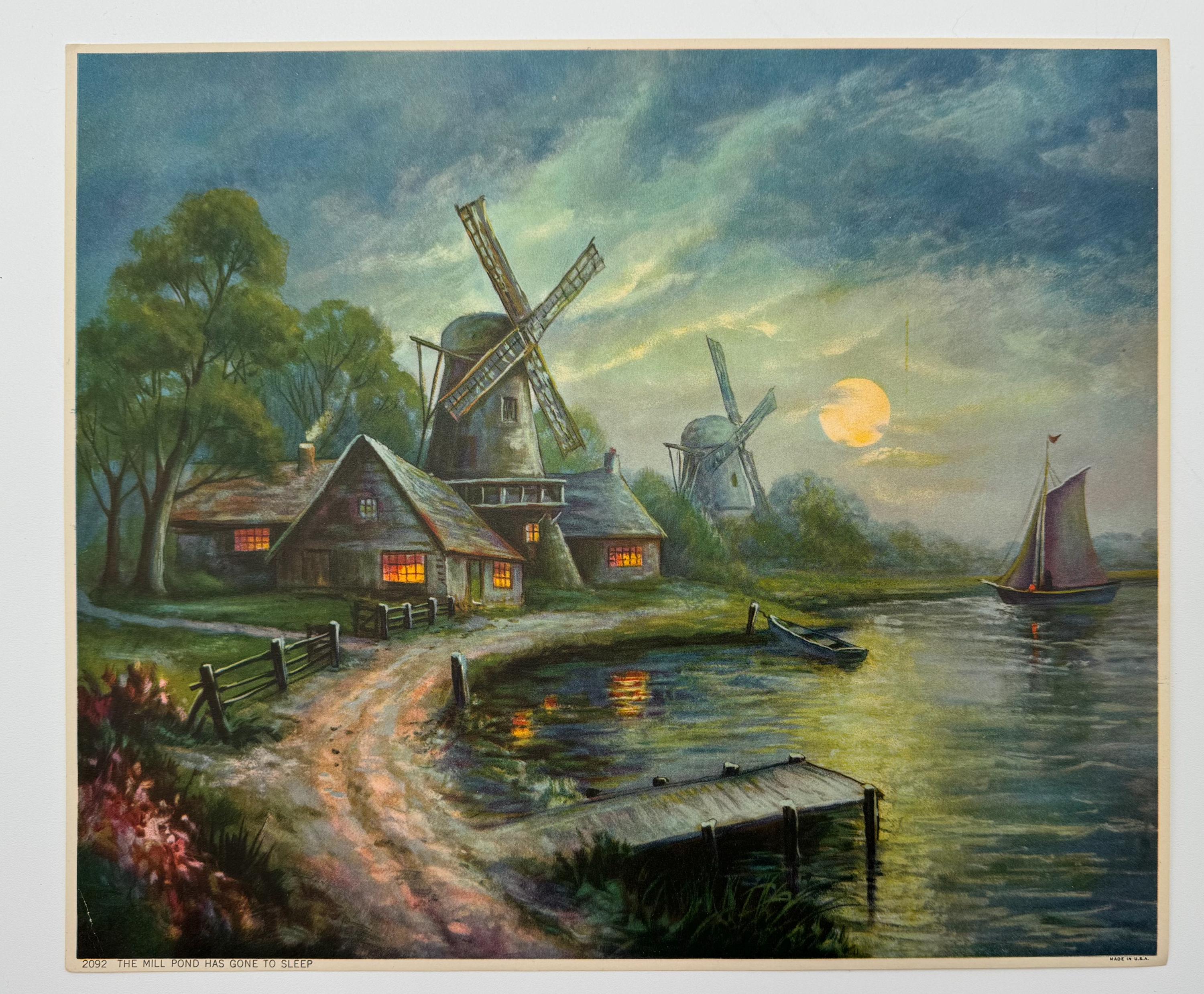 Vintage Dutch Windmill 12x10 Print, Moonlit Landscape Cottage Wall Art ...