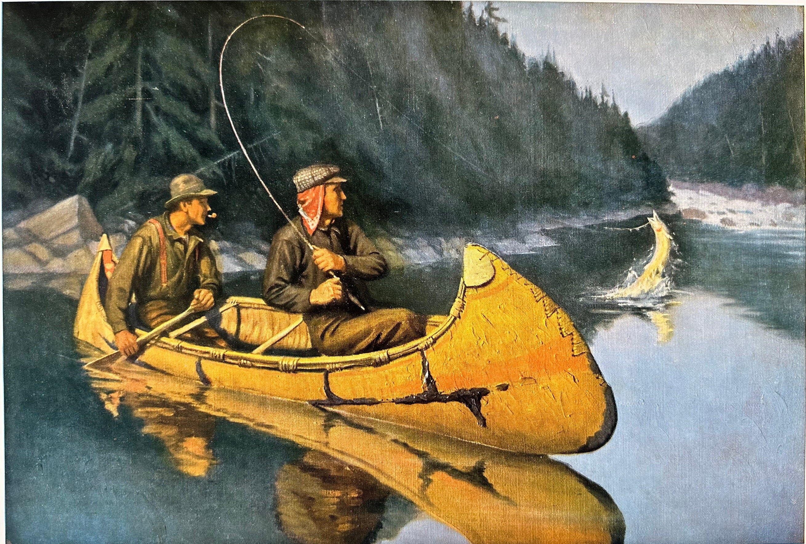 A King of the Water, Western Fishing Print, Two Men Fishing in a Canoe ...