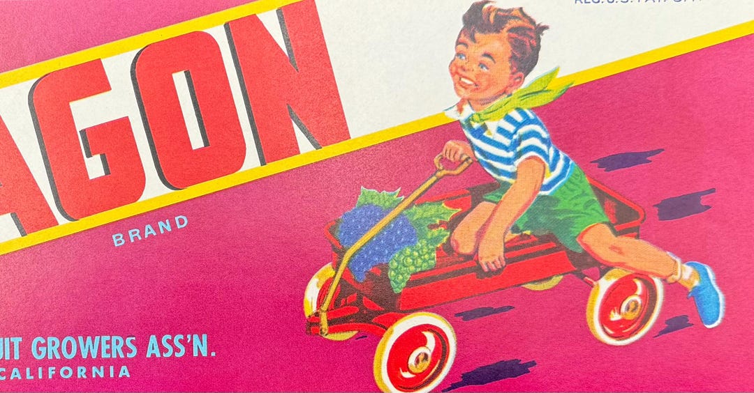 Vintage Red Wagon Grapes Fruit Crate Label 1950s Kitchen Advertising ...