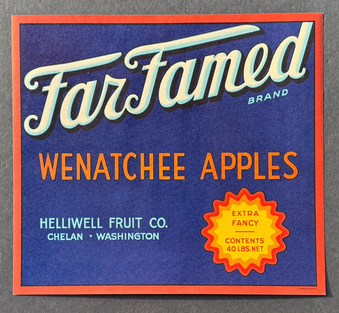 Vintage Wenatchee Far Famed Apples 9x10 Crate Label, Helliwell Fruit Co ...