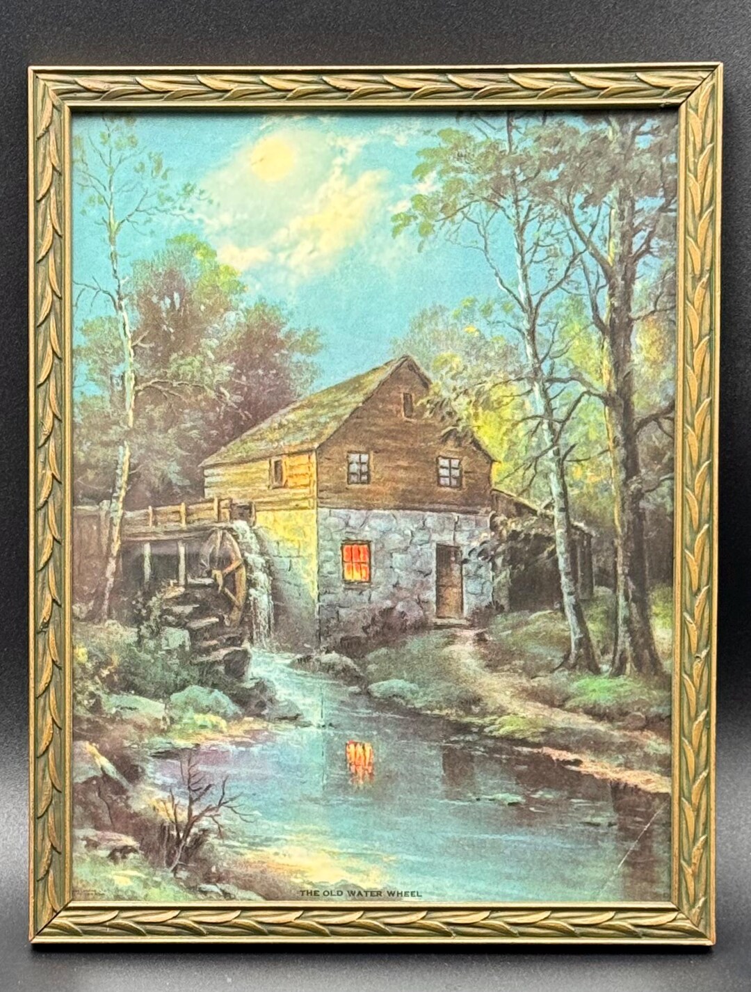 Vintage Print the Old Water Wheel Rustic Mill Scene Framed Behind Glass ...