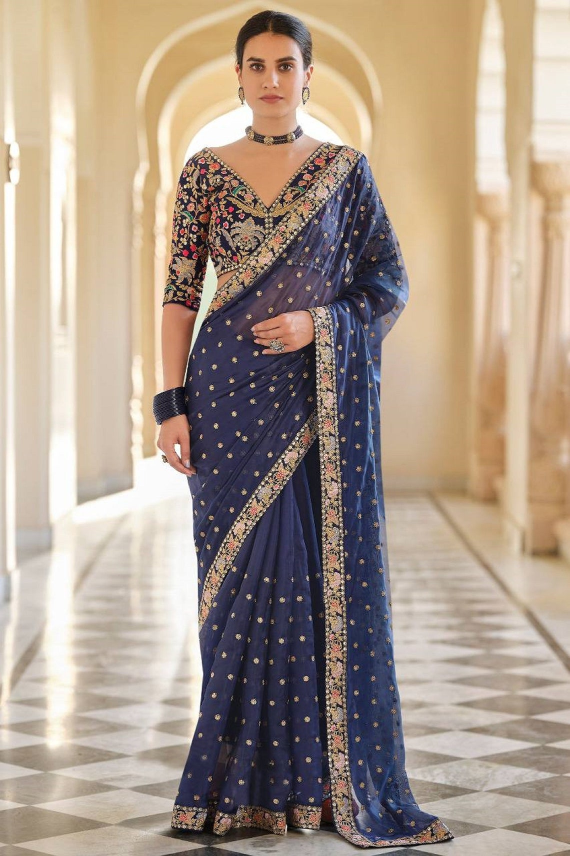 Classic Blue Georgette Embroidered Work Saree for Women Saree - Etsy