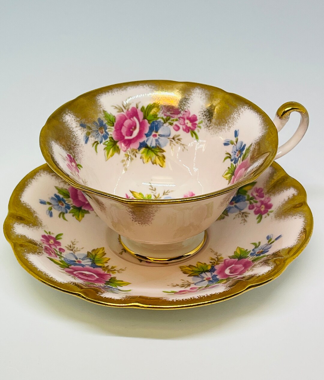E.B. Foley Rare Pink Floral Brushed Gold Vintage Teacup - Etsy