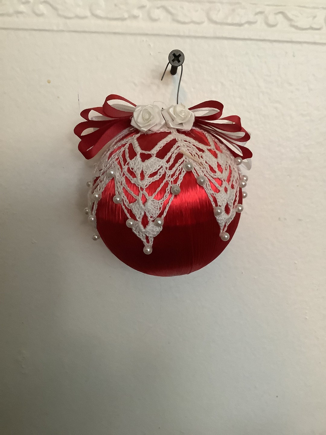 Vintage Hand Made Red Satin Ornament With Crocheted Lace, Beads, and ...