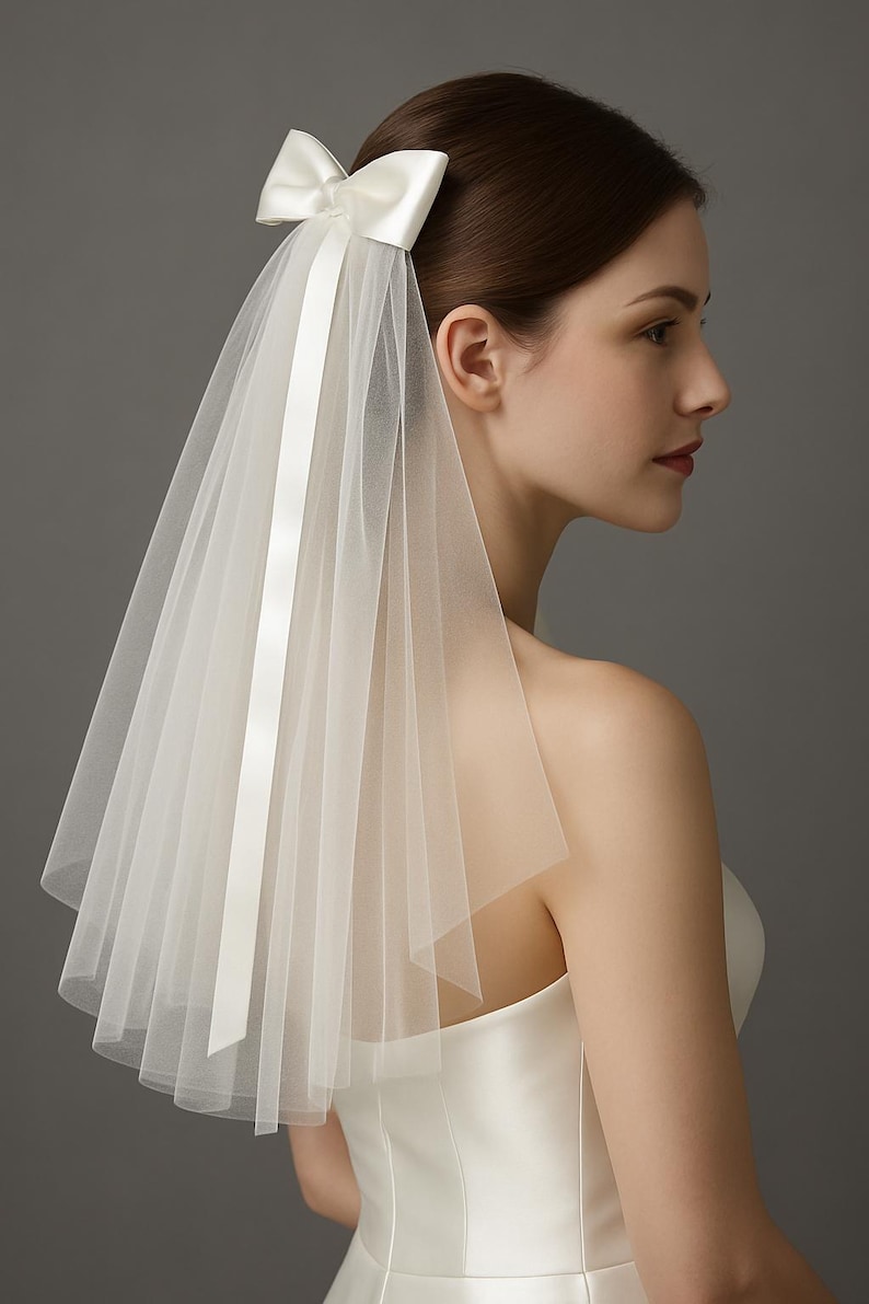 Bridal Silk Satin Bow Veil | Shoulder-length Tulle Veil With Long Tail ...