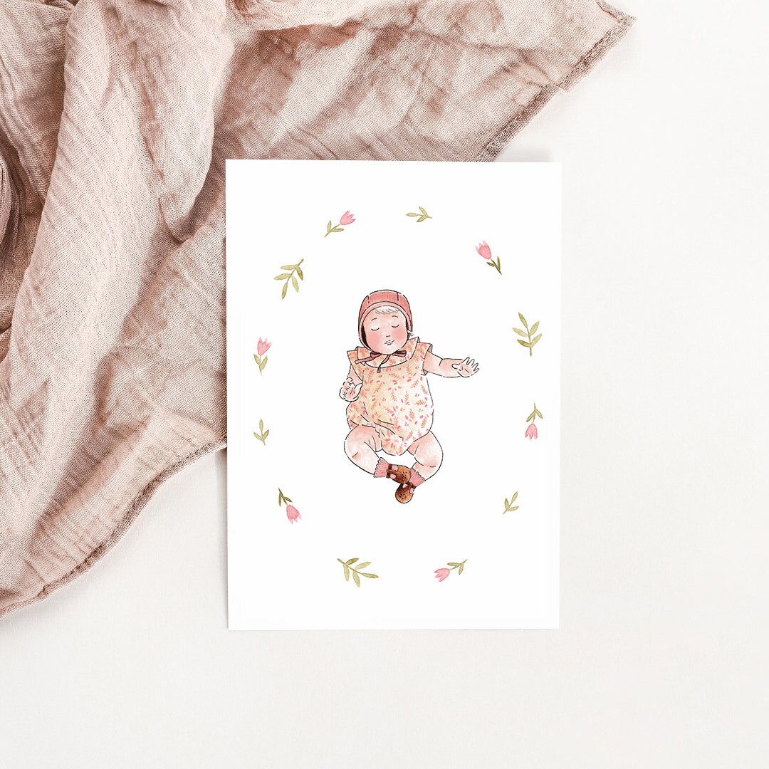Watercolor Baby Girl Birth Card - Etsy