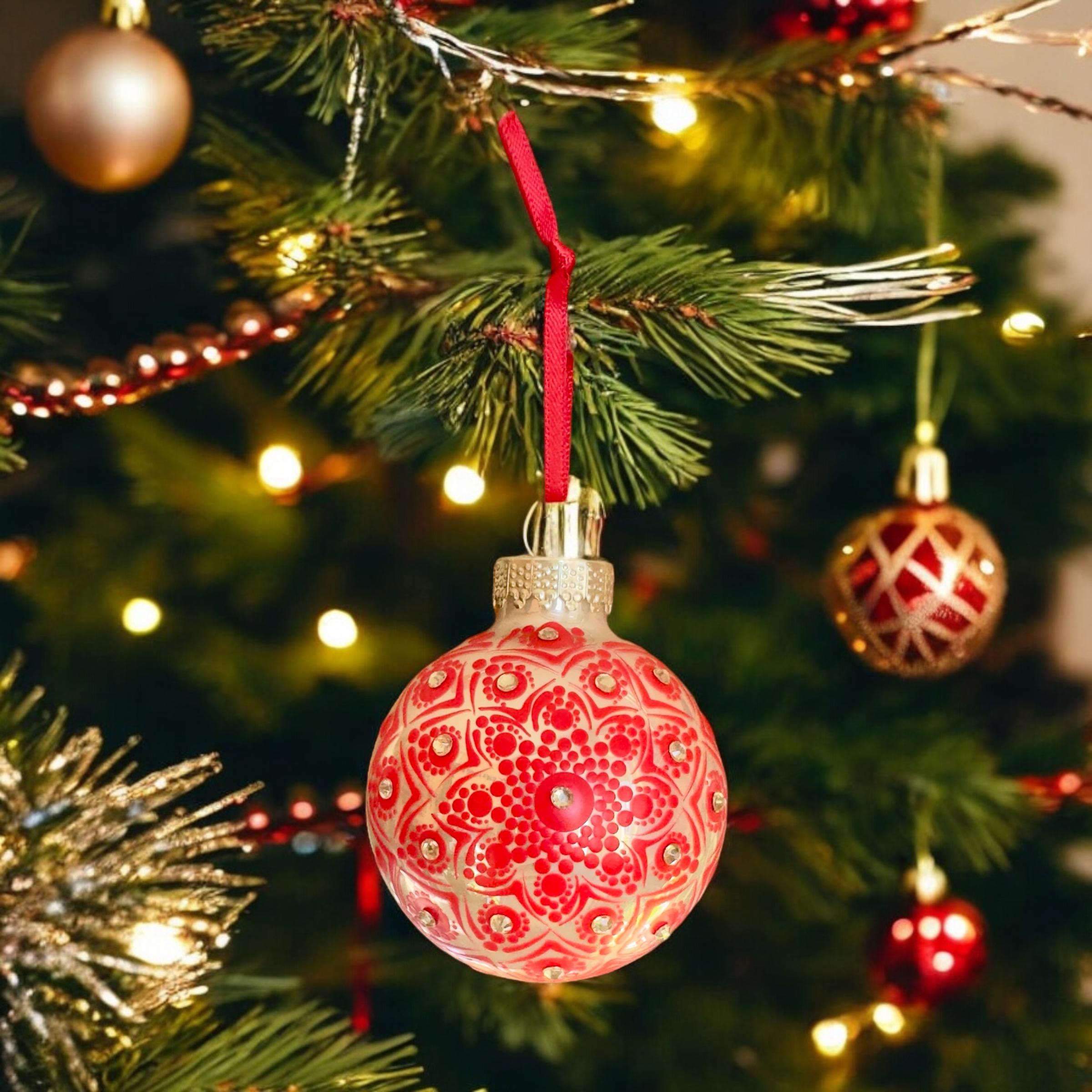 Handmade Mandala Dot Art Christmas Baubles: Golden Glass Ornaments, Set ...