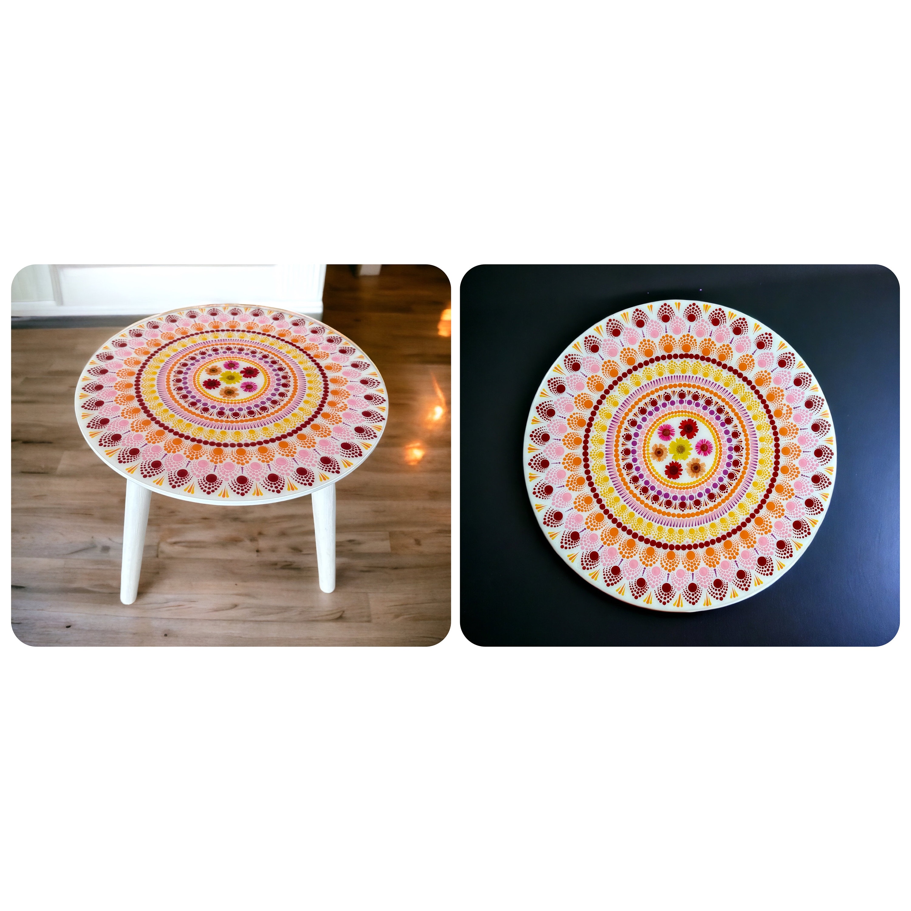 Artistic Mandala Dot Art Round Side Table, Wooden Tea Table, Coffee ...
