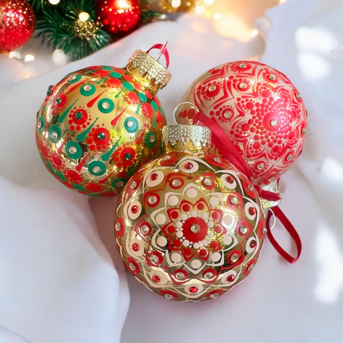 Handmade Mandala Dot Art Christmas Baubles: Golden Glass Ornaments, Set ...