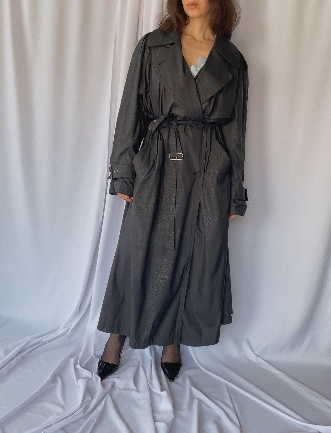 90s Vintage Oversize Black Snake Texture Maxi Trench Coat, 1990s Belted ...