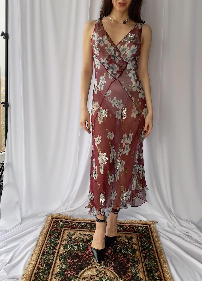 Size XS/S 1990s Does 1930s PURE SILK Chiffon Floral Print Long Bias Cut ...