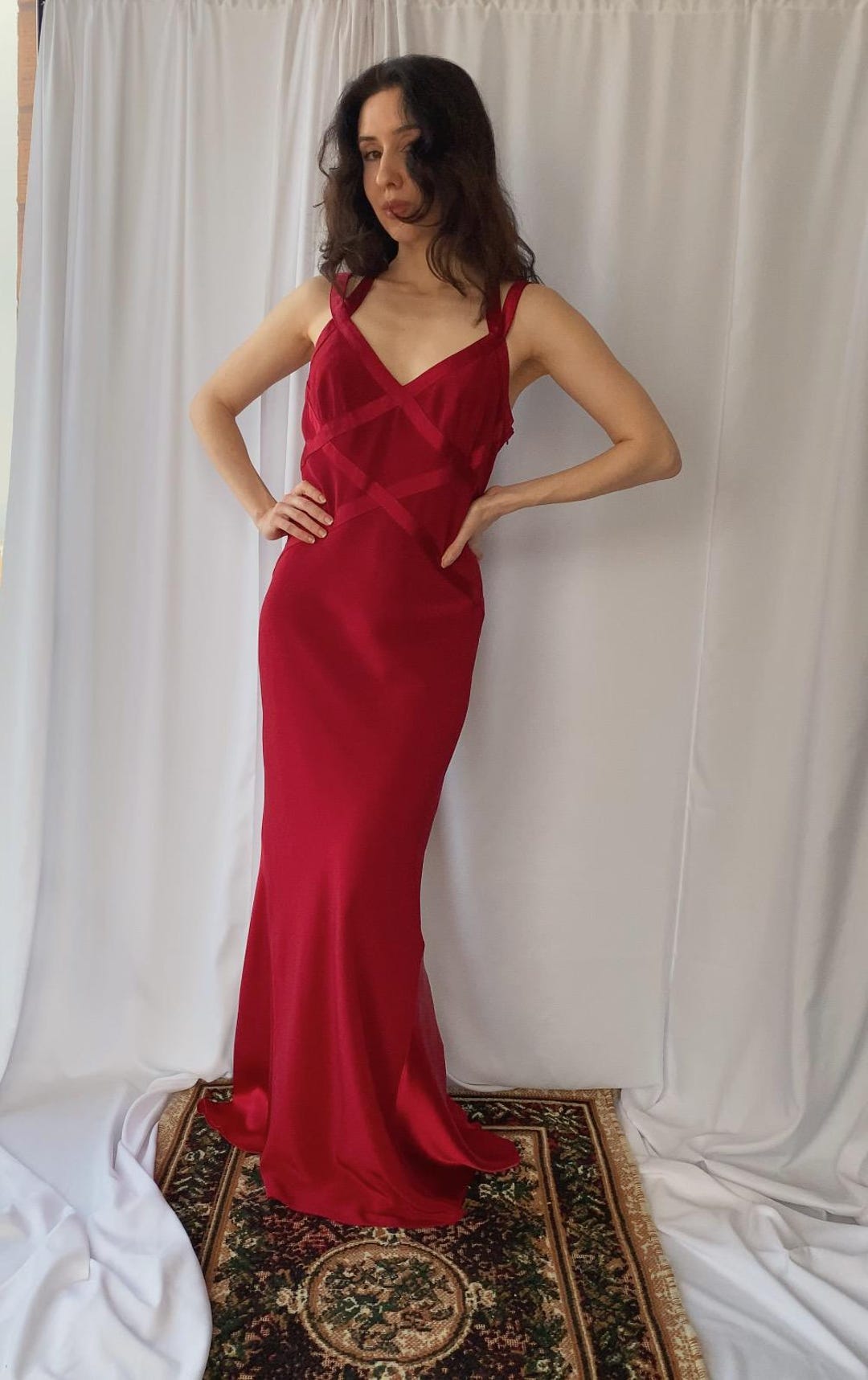Size M/L 2000s Vintage Ruby Red Satin Crepe Maxi Evening Gown - Etsy