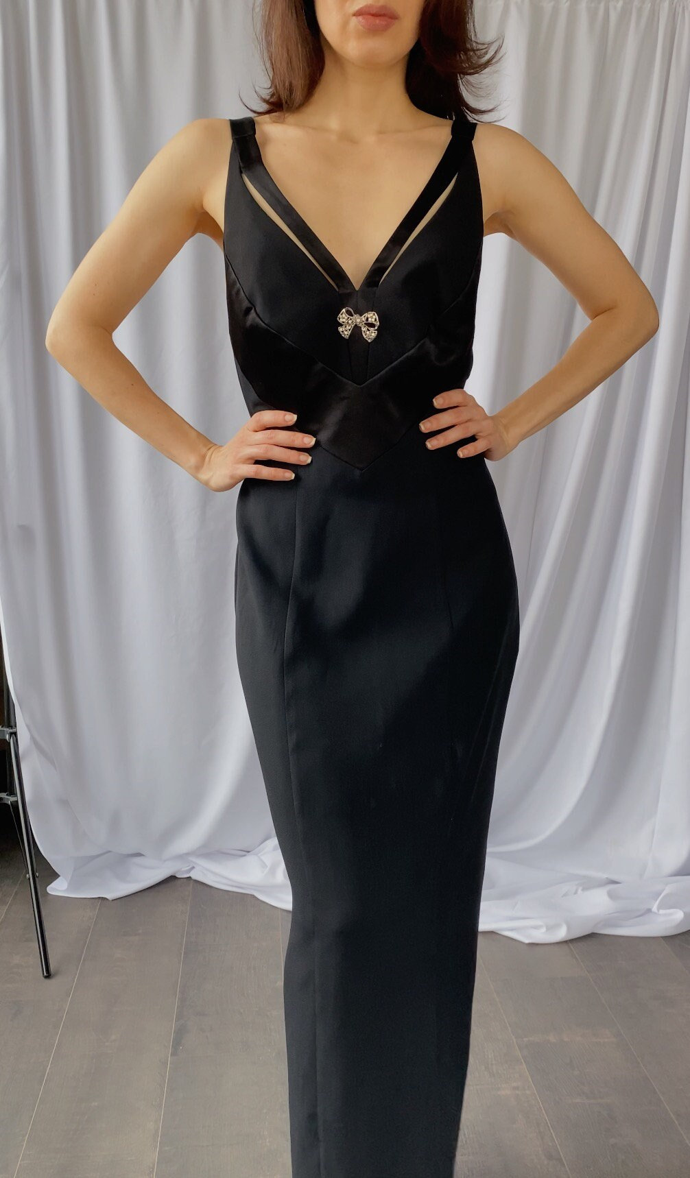Size M/L 1990s Vintage Black Maxi Evening Dress, Open Back Satin Crepe ...