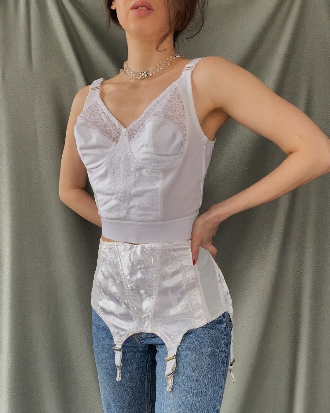 1990s Does 1960s Vintage White 38a 36b 34c Bustier Corset Long Line