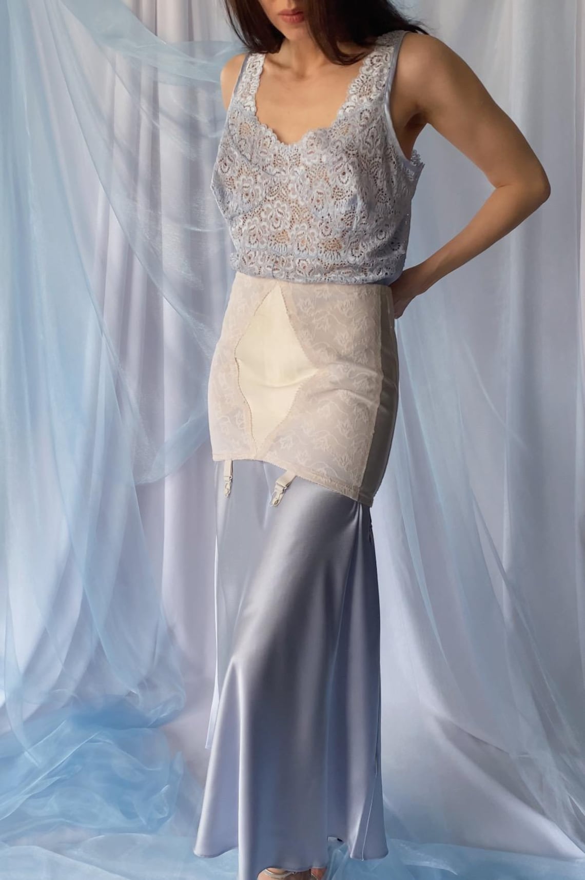 Size M 1950s Vintage Girdle, 50s White Satin Elastic Suspender Corset ...