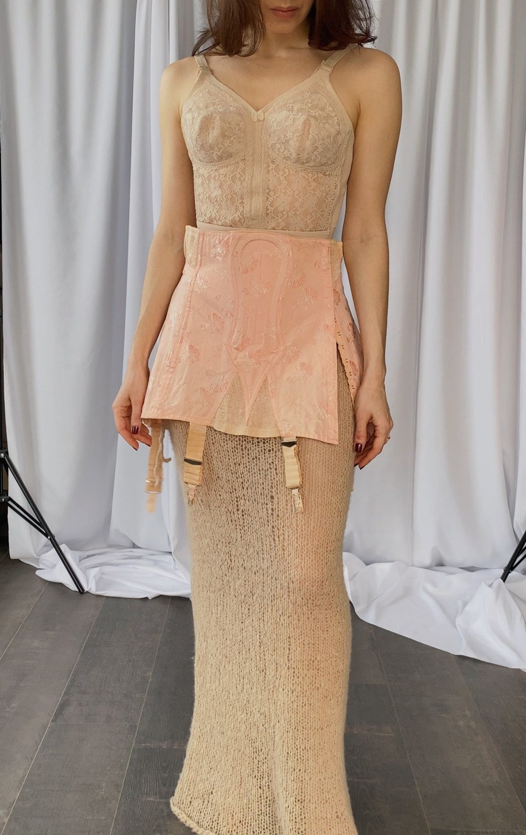 1950s Vintage Satin Jacquard Girdle M/L/XL, Salmon Pink Silky Corset ...